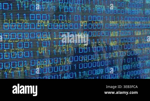 Animation of financial data over businesspeople and binary code ...