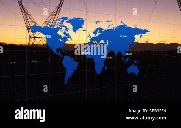 Animation of heart over world map and data processing. Global ...