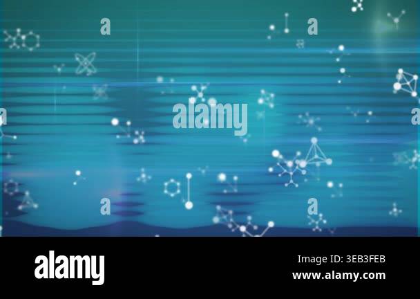 Animation of molecules over blue striped background. Colour, shape and ...