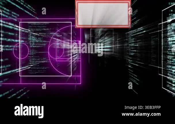Animation of data processing over neon stadium. Global business and ...