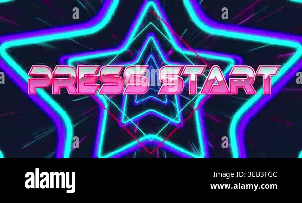 Animation of press start text over neon shapes on black background ...