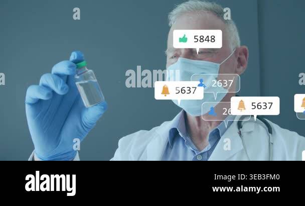 Senior medical doctor tilting vial examining fluid causing social icons ...