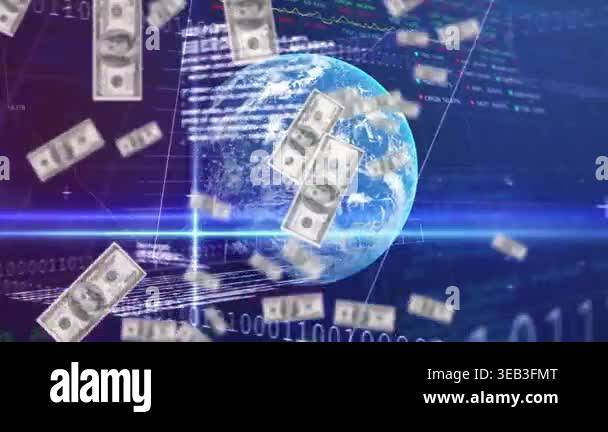 Animation of american dollar bills, binary coding, financial data ...