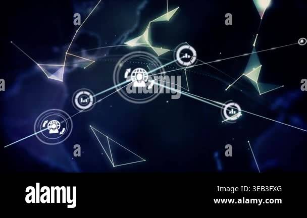 Animation of network of connections with icons over globe. global ...