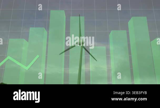 Spinning wind turbine over green financial growth chart animation in ...