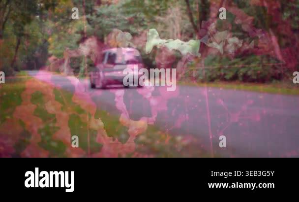 Silver SUV emerging from right and traveling leftward traversing forest ...