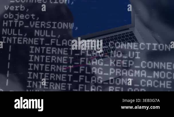 Animation of data processing against rear view of man and woman using a ...