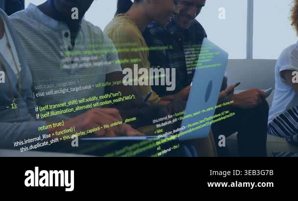 Colleagues typing laptops, tapping smartphone, code overlay scrolling ...