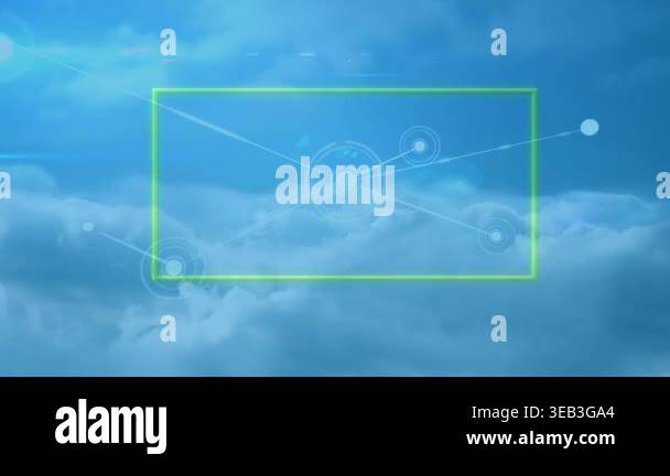 Animation of neon frame over network of connections over on blue ...