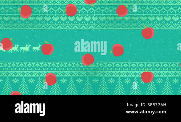 Animation of christmas red apples falling over pattern on green ...