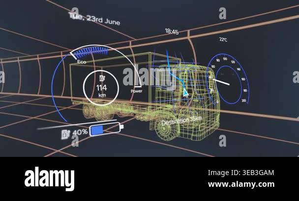 3D wireframe tractor-trailer being displayed in HUD, showing ...