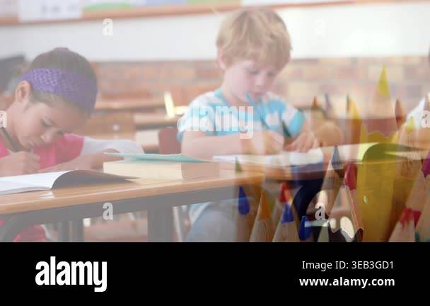 Animation of crayons over happy caucasian girl learning with diverse ...