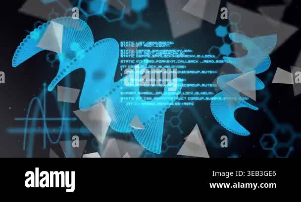 Animation of abstract blue waveforms with geometric shapes and digital ...
