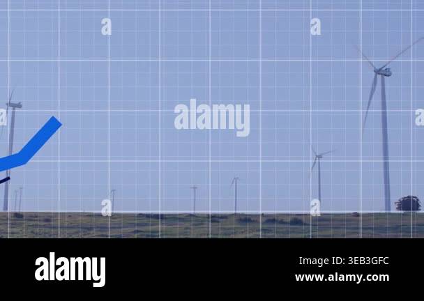 Animation of blue lines and data processing over wind turbines. Wind ...