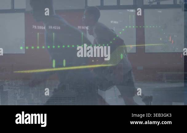 Animation of data processing over diverse sportsmen running at gym ...