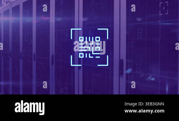 Animation of neon qr code over server room in violet. communication ...