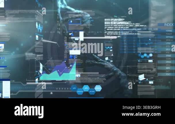 Animation of diverse data and graphs over dna chain on navy background ...