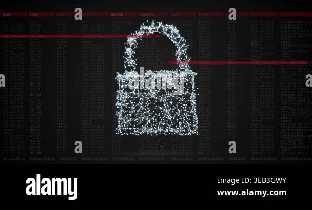 Animation of security padlock over data processing on dark background ...