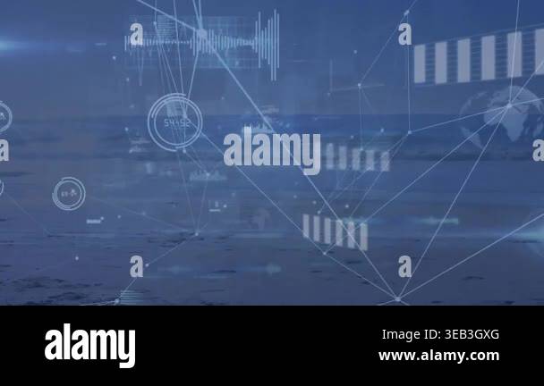 Animation of network of connections with data processing over caucasian ...