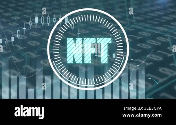 Animation of nft text over data processing. Global business and digital ...