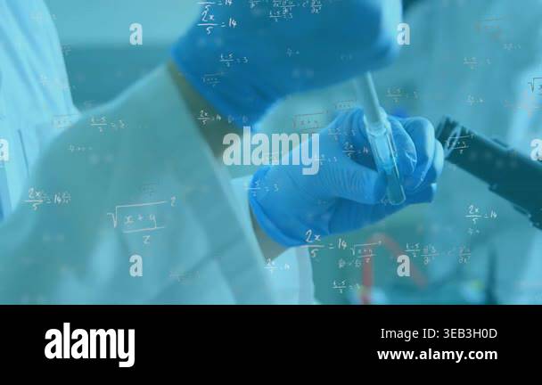 Animation of mathematical formula over caucasian male scientist working ...
