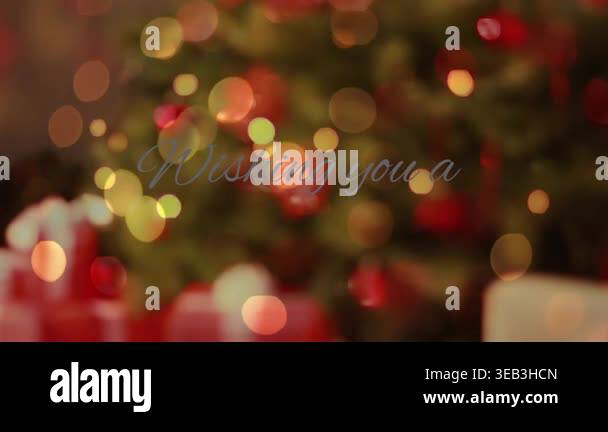 Animation of happy holidays text banner over spots of light against ...