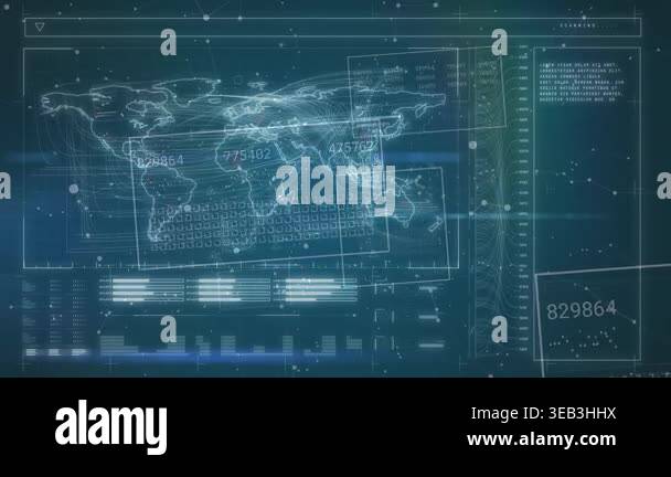 Animation of digital interface with data processing over world map ...