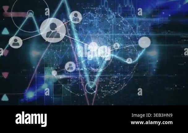 Network of connections and user icons animation over digital background ...