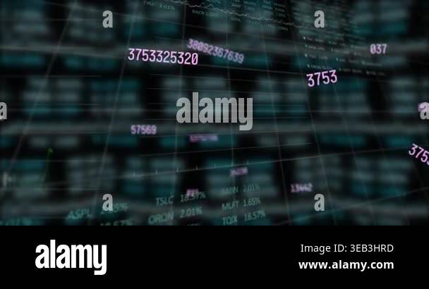 Animation of numbers, qr code and data in digital space. Global finance ...