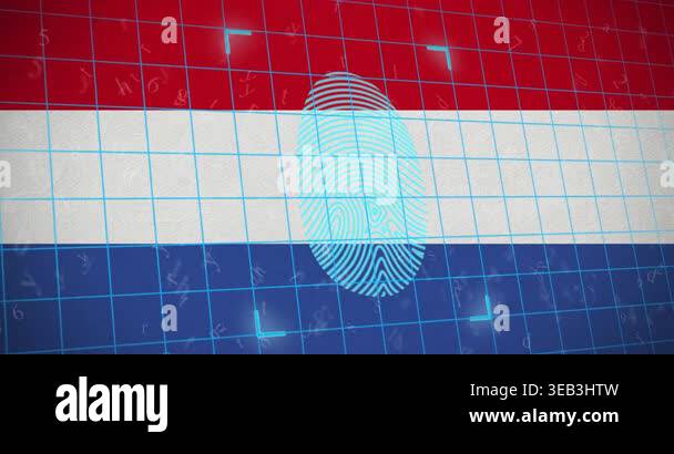Animation of fingerprint and letters over flag of netherlands. global ...