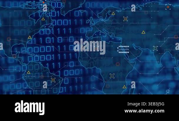 Animation of data processing over blue world map. Global communication ...