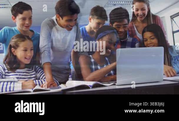 Animation of graphs and globe over diverse students watching project on ...