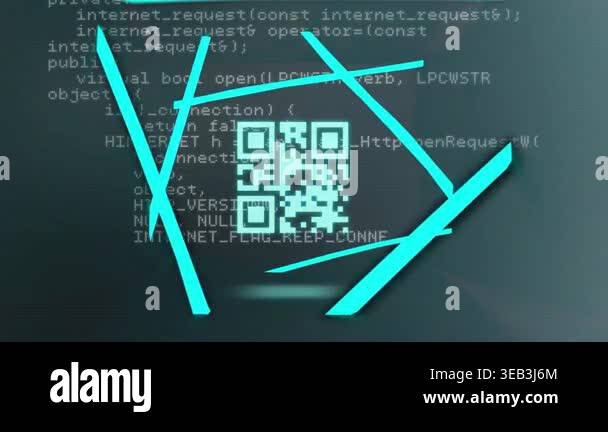 Animation of data processing over neon green qr code scanner against ...