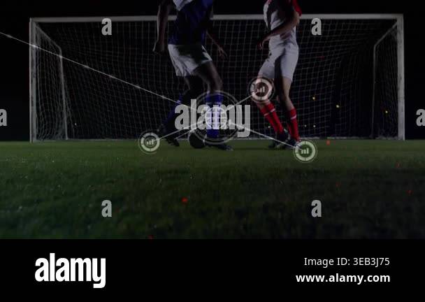 Animation of network of digital icons over two diverse male soccer ...