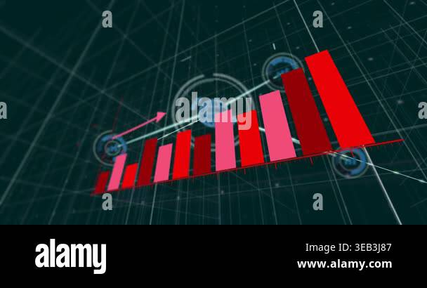 Rising bar chart and upward arrow animation over digital grid ...