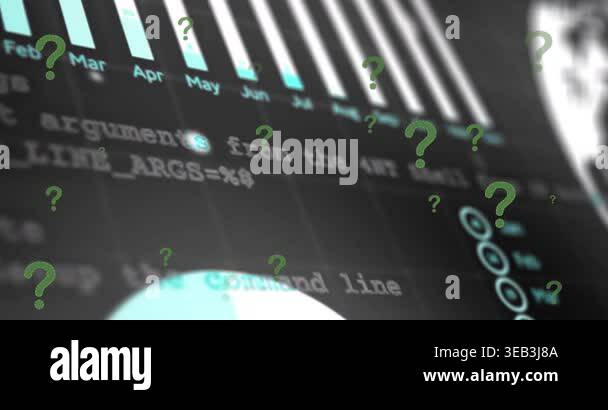 Animation of question marks over data processing. Global business and ...