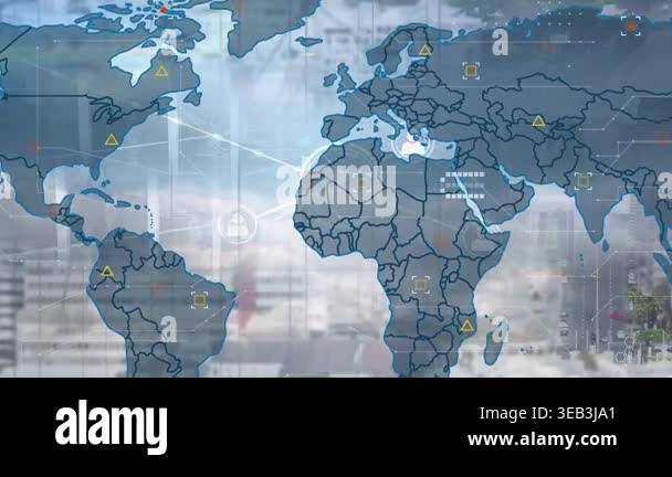 Animation of network of connections and world map over cityscape and ...