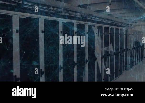 Animation of network of connections over server room. global business ...