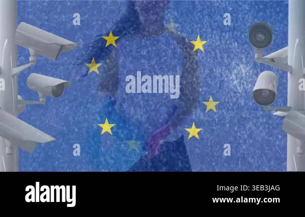 Animation of flag of eu and cameras over woman at beach. Global ...