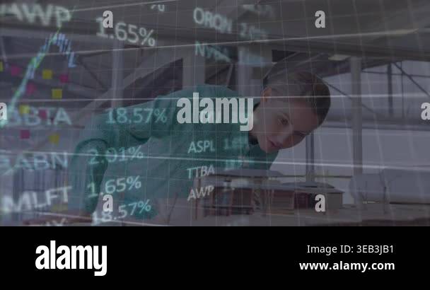 Animation of financial data processing over female architect working ...