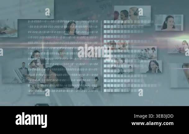 Animation of binary coding, data processing over business people using ...
