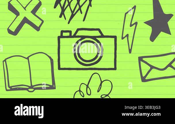 Animation of hand drawing on green background with camera and shapes ...