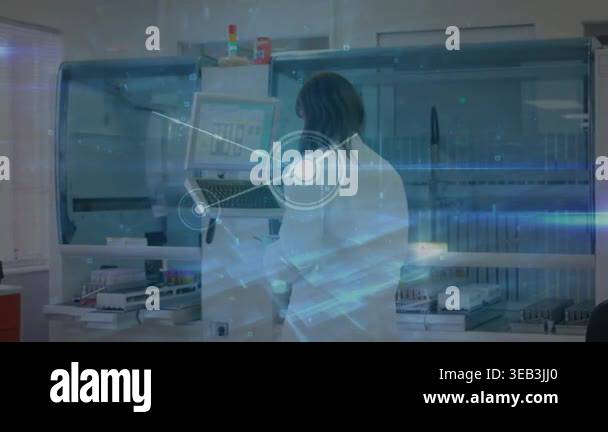 Animation of network of connections over female doctor in lab. Global ...