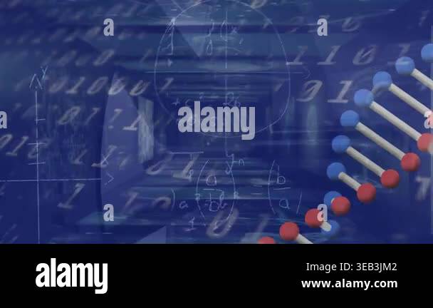 Animation of dna over navy background with diverse data and binary code ...