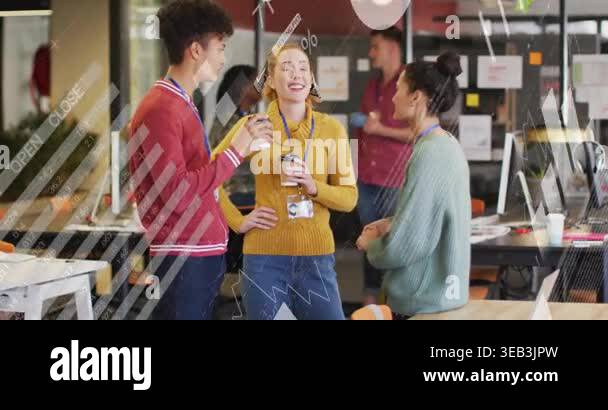 Animation of infographic interface over diverse colleagues with coffee ...