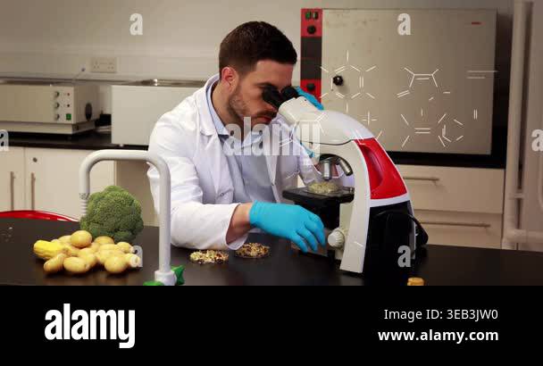 Animation of chemical formulas over caucasian male lab worker using ...