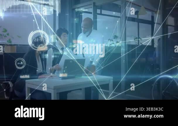 three professionals collaborating in business office showing floating ...