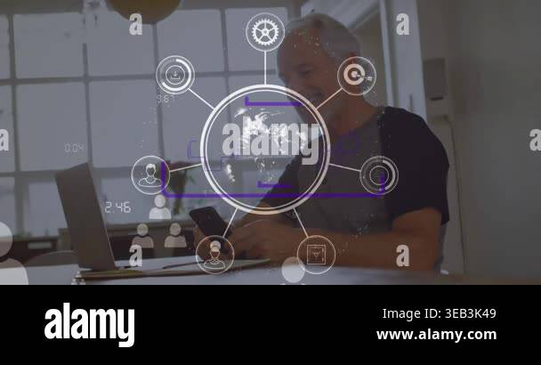 Animation of icons around globe, game controller and numbers on senior ...