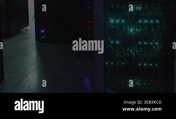 Animation of pink qr code and neon lights over computer server room ...