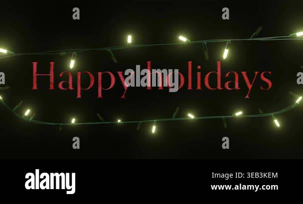 Animation of red happy holidays text with illuminating string lights on ...